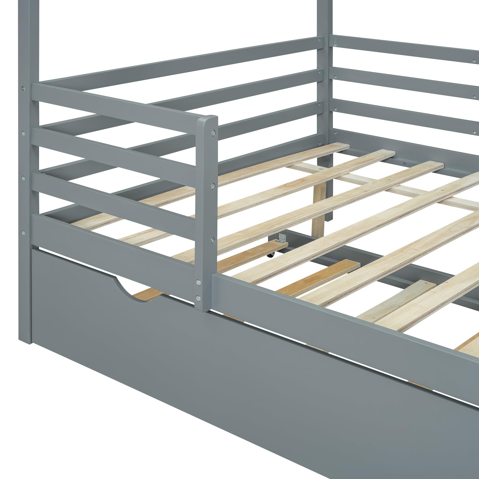 Merax Full Size Wood House Bed with Fence and Writing Board,House Bed with Trundle, White