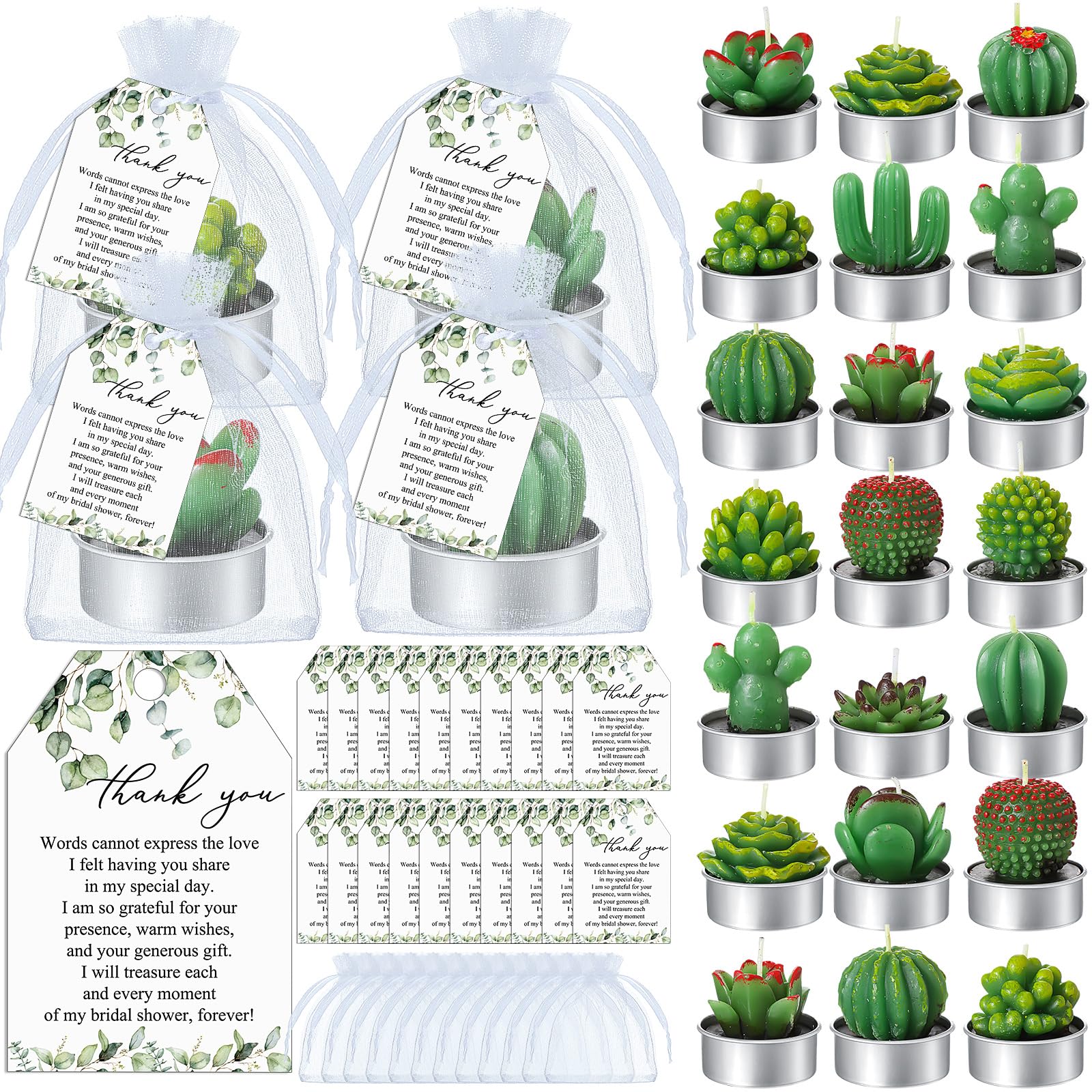MTLEE 30 Sets Bridal Shower Gifts for Guests Include 30 Cactus Tealight Candles Succulent Candles Plant Tealight Candles 30 Greenery Thank You Tags 30 Organza Bags Bridal Party Gifts Wedding Gifts