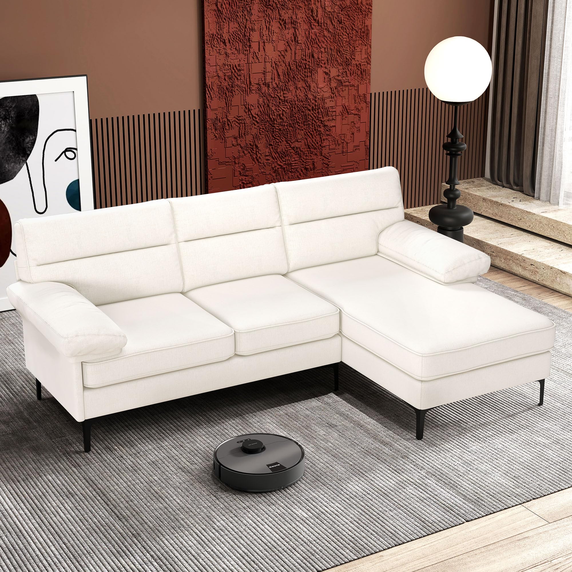 Ihanherry 85â Convertible Sectional Sofa Couch, 3 Seat Sofa for Living Room L-Shaped Modern Chenille Fabric Modular Sofa Reversible Wide Chaise & Fluffy Armrests for Apartment (Beige)
