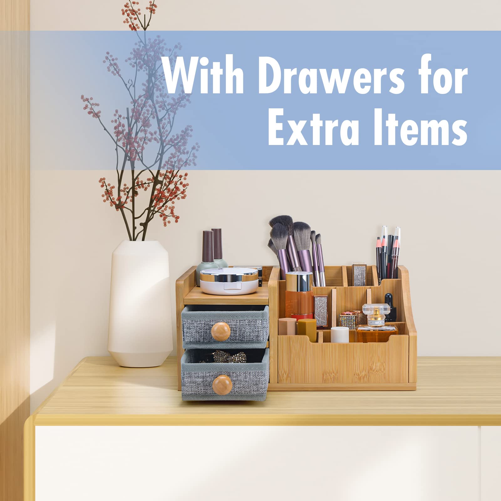 ikkle Bamboo Desk Makeup Organizer Cosmetic Organizer Storage Box with Drawer for Bathroom/Dresser, 9 Detachable Slots for Brushes, Lipstick, Great Organizer for Home or Office (Need to assemble)