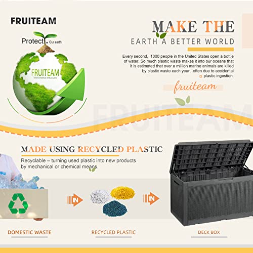 FRUITEAM 100 Gallon Patio Deck Box Outdoor Storage Box with Soft Cushion, Lockable Resin Storage Bin Weather Resistant for Patio Furniture Pillows, Pool Toys, Garden Tools