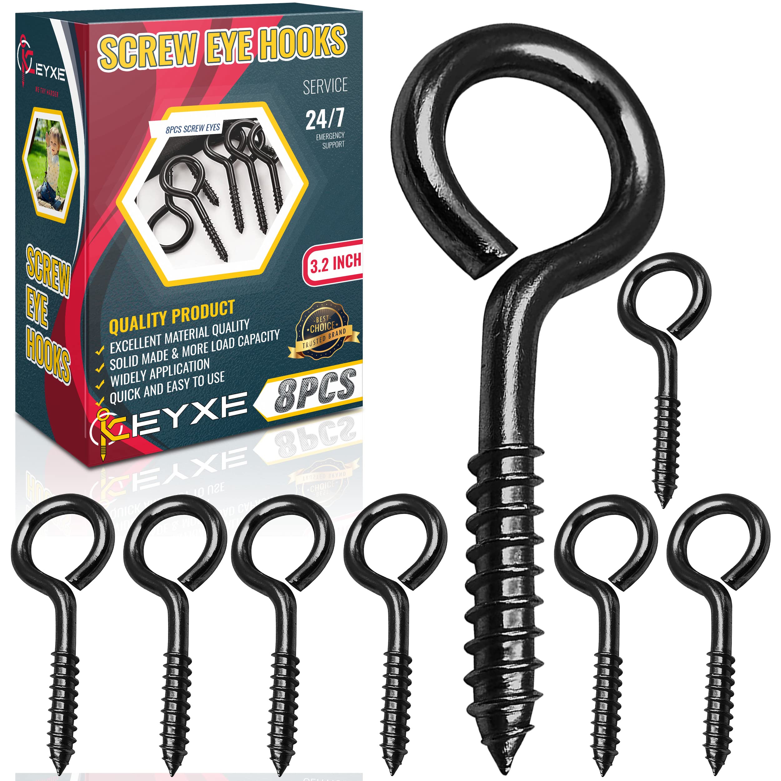 KEYXE 8Pcs Screw Eyes, 3.2 Inch Black Eye Hooks Screw Self Tapping Eye, Heavy Duty Eye Bolt for Wood Securing Cables Wire, Hammock Stand, Indoor & Outdoor Use