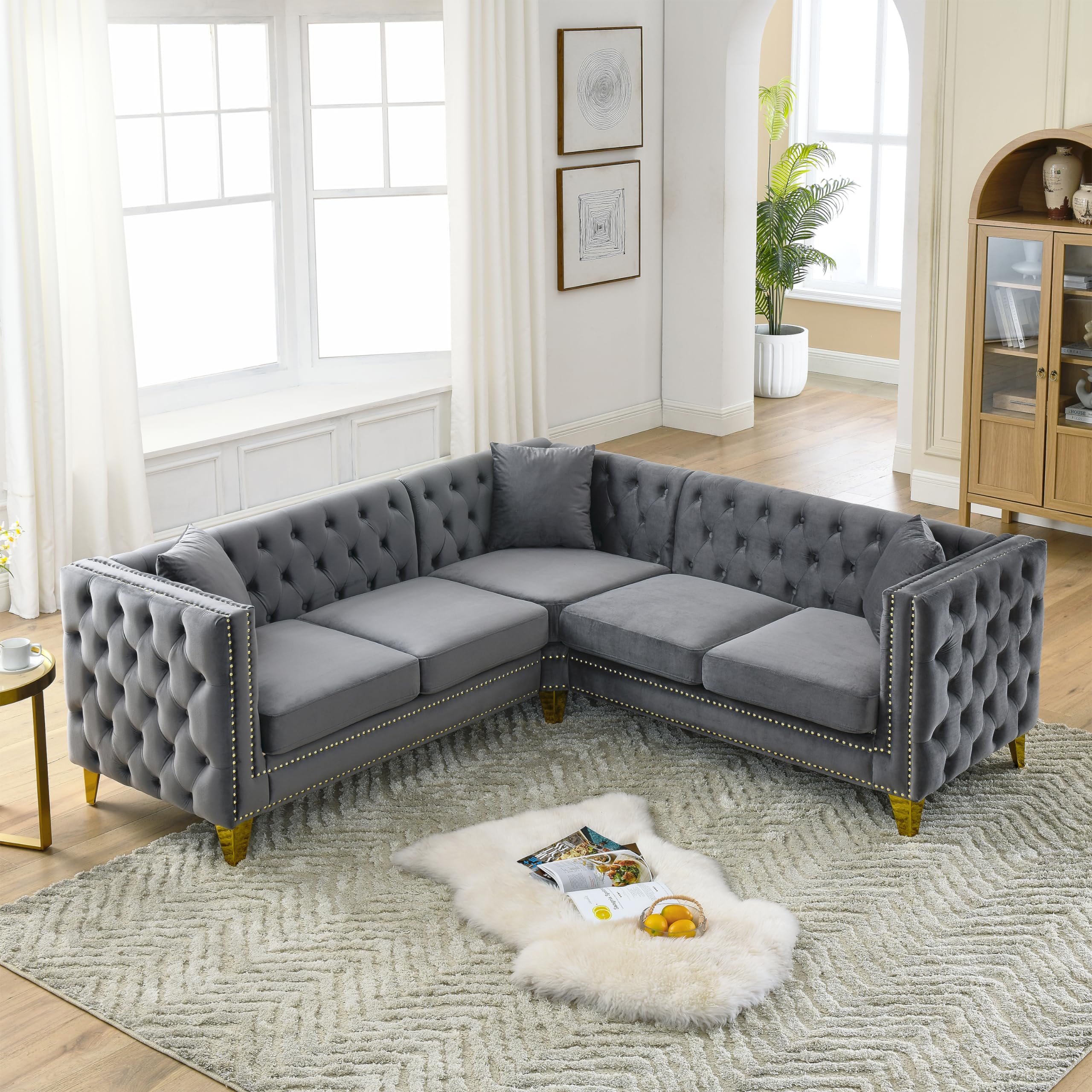 Merax L-Shaped 82.2-inch Sofa Couch, Luxury Classic Chesterfield Velvet Corner Sofa, Button Tufted Upholstered Sectional Corner Sofa with 3 Pillows and Metal Legs, Grey