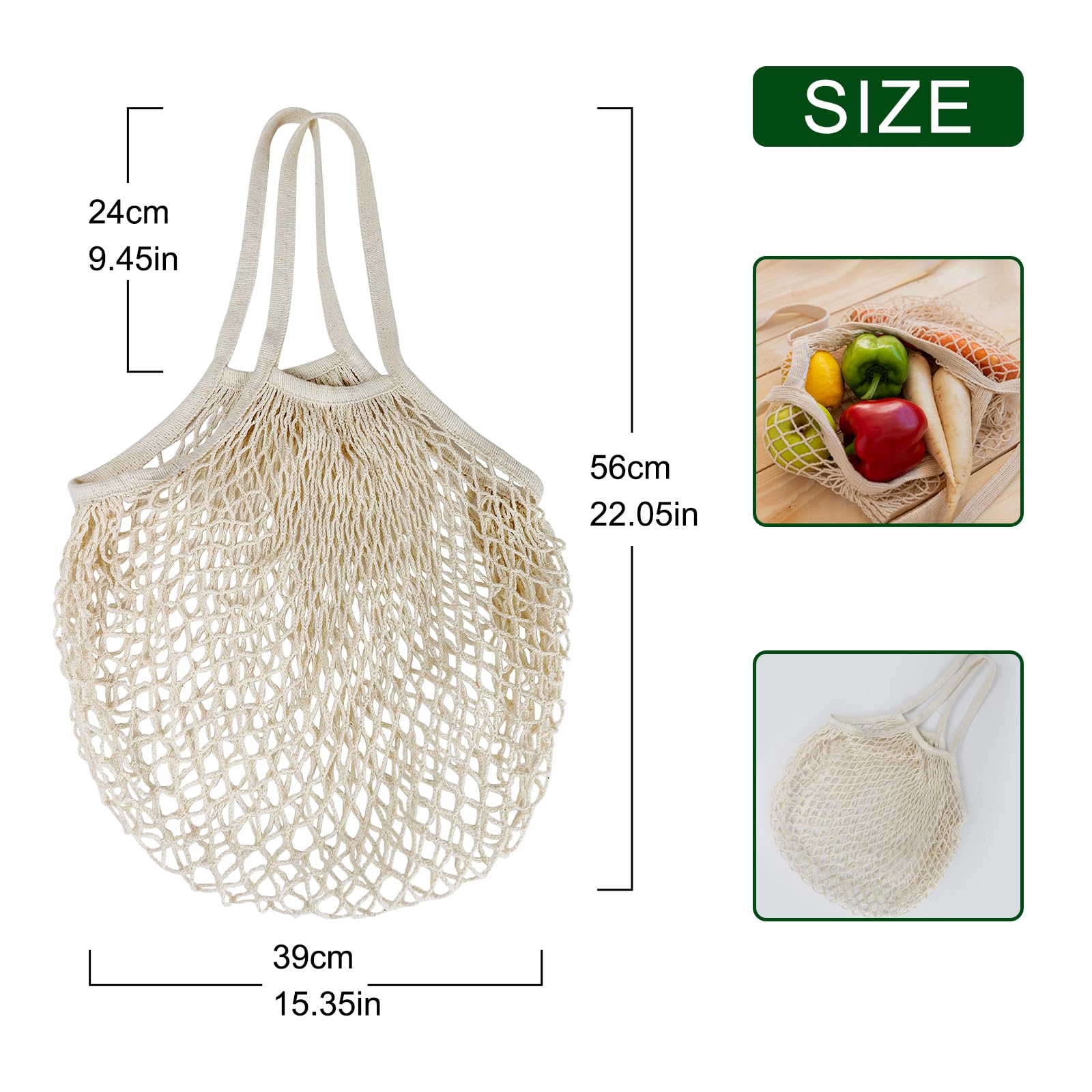 Mordx 2 Pack Premium Mesh Grocery Bags,100% Cotton String Mesh Bags,Long Handle Net Tote Bags,Reusable Produce Bags,Washable,Portable,Fruit and Vegetable Storage Bags,Beige