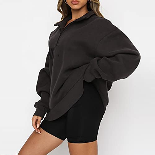 Meladyan Womens Half Zip Sweatshirt Oversized Long Sleeve Collar Drop Shoulder Solid 1/4 Zipper Pullover Jacket Black
