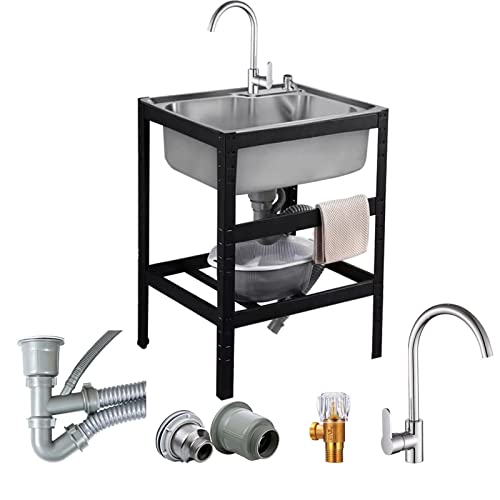 Utility Sink, Stainless steel commercial home kitchen sink, easy to install kitchen sink with hot and cold water faucet, water pipe, filter basket and other accessories. (Size : Length 22.8" Width 1
