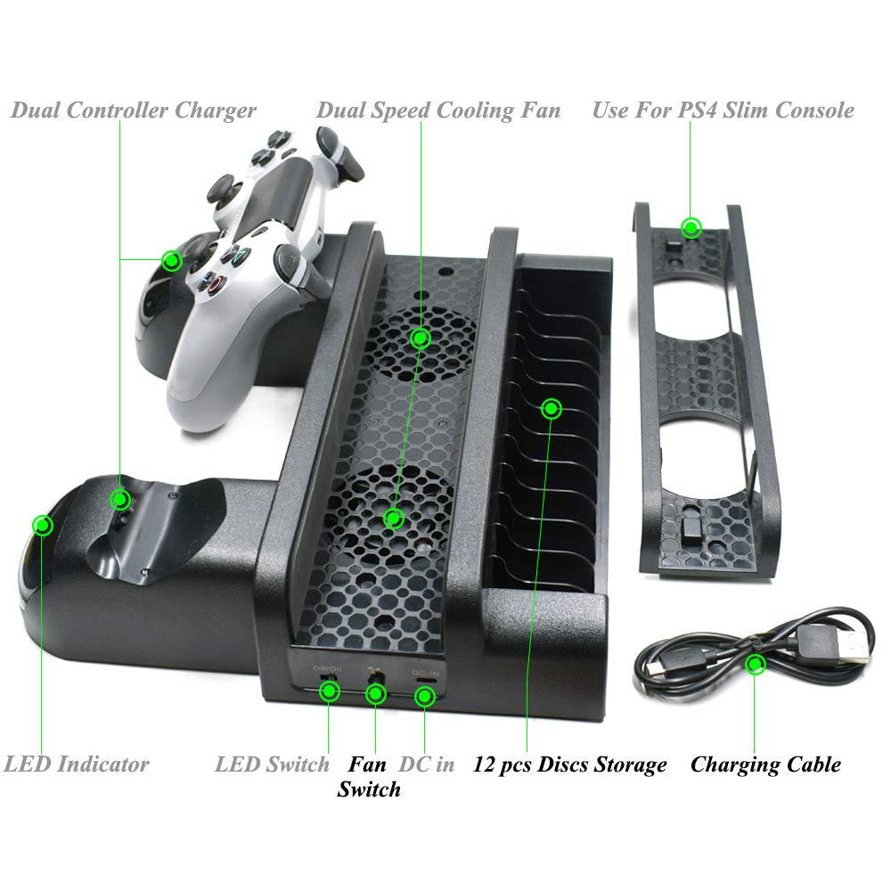 VSEER PS4 Stand Cooling Fan Station for PS4/PS4 Slim/PS4 Pro,PS4 Vertical Charging Station with Dual Controller,PS4 Accessories with Game Storage for PS Consoles