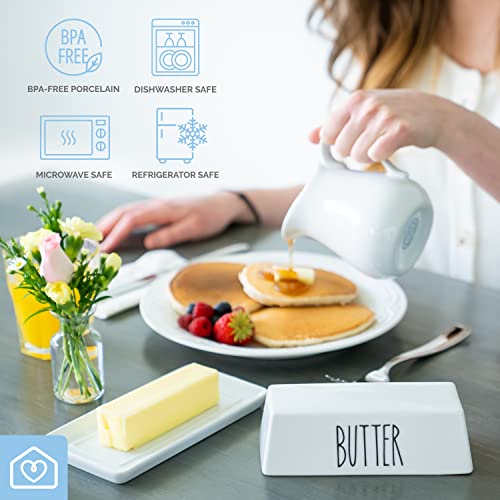 Heartland Home Porcelain Covered Butter Dish with Lid for Countertop (Without Handle). 7.6" x 3.8" Butter Holder Container for One Stick of Butter. Textured Tray Butter Keeper for Non Slip Storage