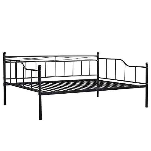 ODC Full Size Daybed with Adjustable Twin Pop Up Trundle, Heavy-Duty Steel Metal Extendable Bed for Bedroom Living Room,Black