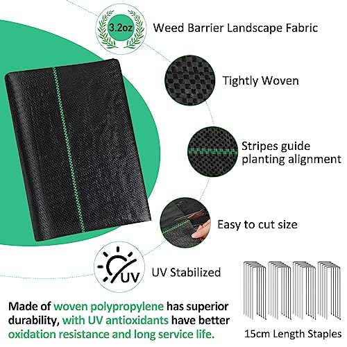 Duerer 4ftx100ft Weed Barrier Landscape Fabric Heavy Duty 3.2oz Woven Weed Control Block Ground Cover Mat for Yards, Patios, Garden Bed, Commercial Landscaping, Pathways with 30pcs U-Shaped Stakes