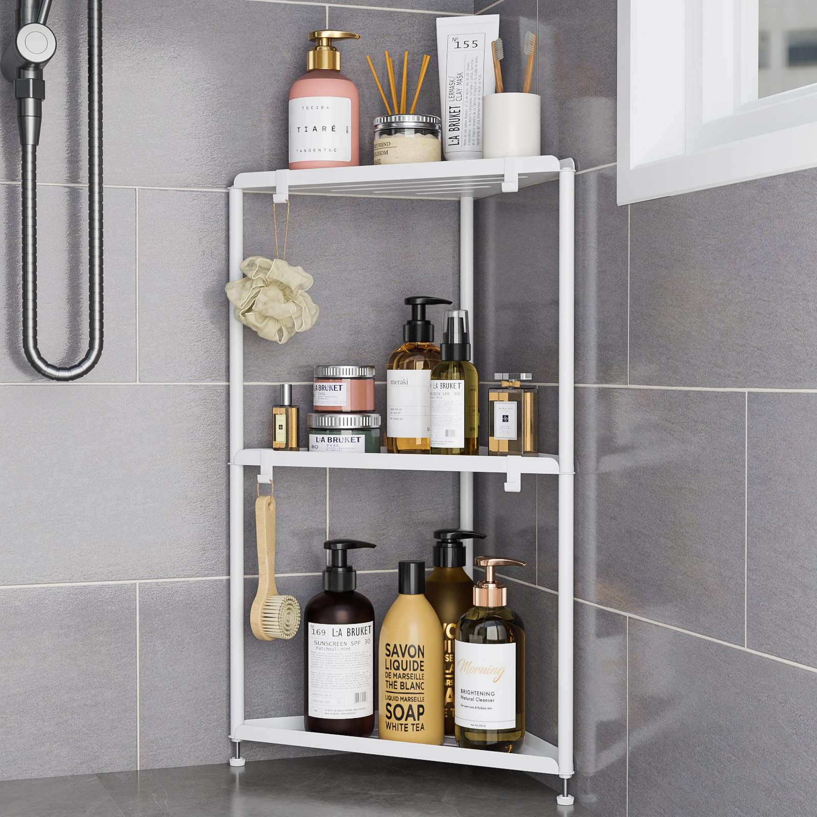Kawaiita Corner Shower Caddy Stand, 3 Tier Floor Shower Organizer Stands for Inside Shower, Bathtub, Bathroom Corner Shower Shelf Rack with Adjustable Feet & 4 Hooks, Metal, White