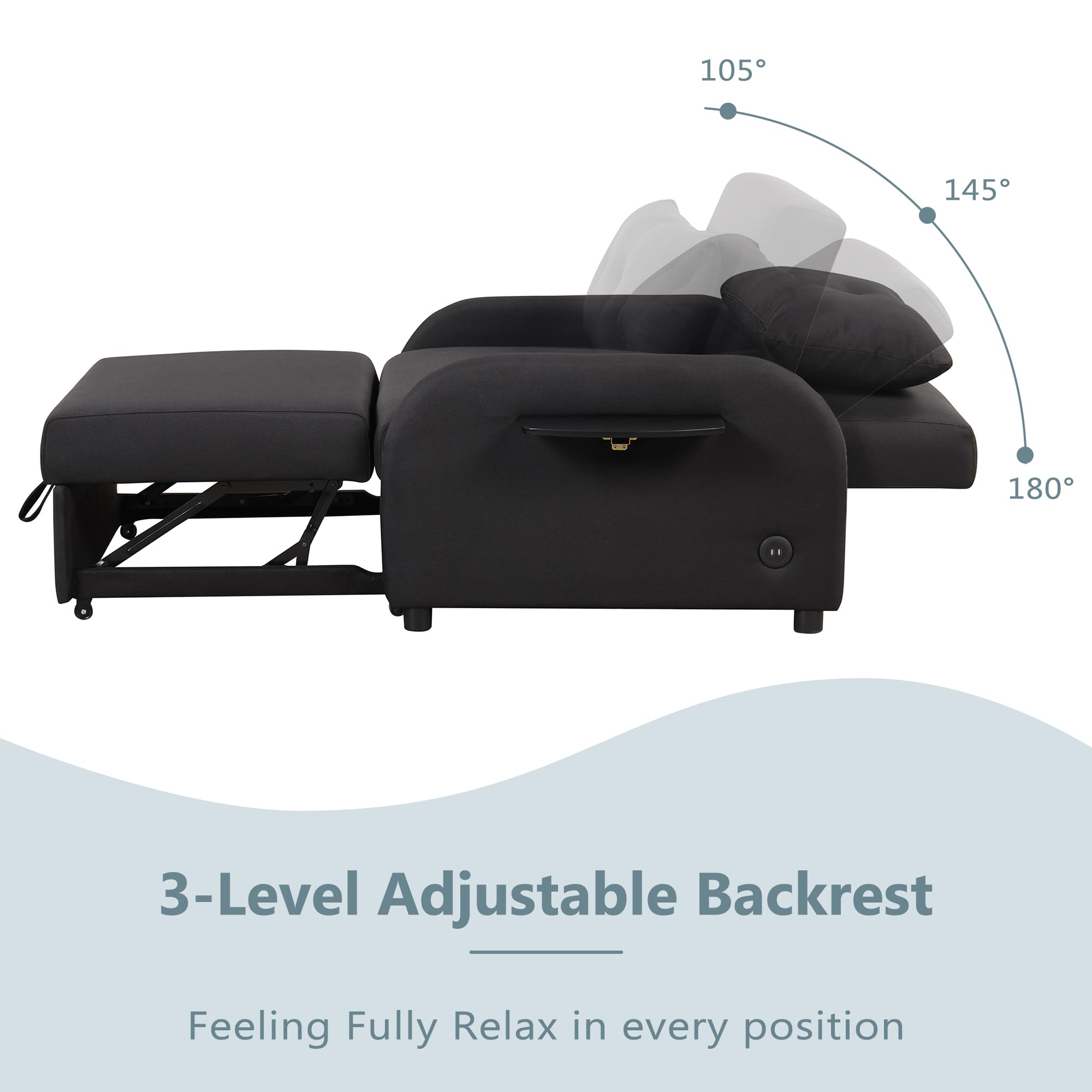 Merax Pull Out Convertible 3-in-1 Sleeper Chair Bed, with 2 Wing Table and USB Ports, Grey