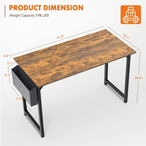 Small Computer Desk Small Office Desk 31 Inch Writing Desk Home Office Desks Small Space Desk Study Table Modern Simple Style Work Table with Storage Bag and Iron Hook, Wooden Desk for Home, Bedroom