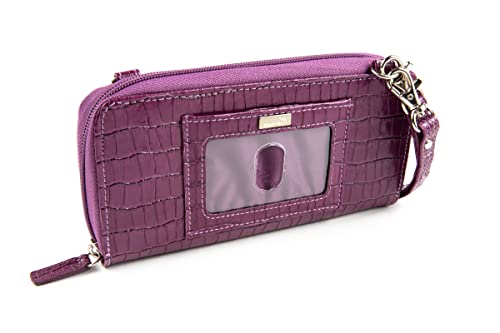 WalletBe Women's Leather RFID Zipper Double Accordion Clutch Wallet with Wristlet Croco Purple