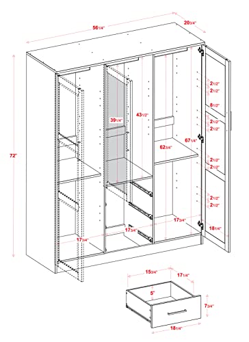 Palace Imports Cosmo Solid Wood 3-Door Wardrobe/Armoire/Closet with Mirror and 3 Drawers, Gray. Additional Shelves Sold Separately.