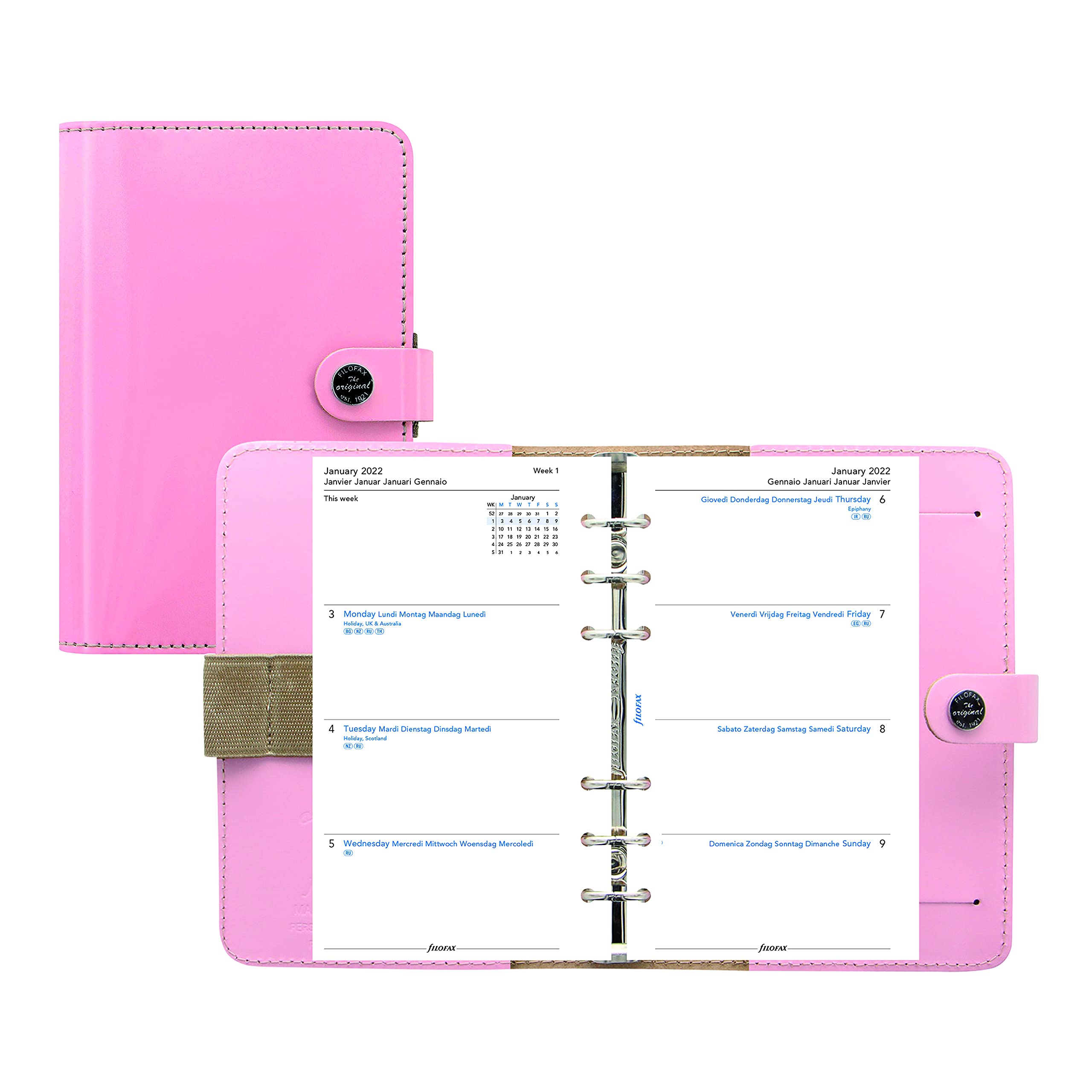 Filofax The Original Organizer, Personal Size, Patent Rose - Leather, Six Rings, Week-to-View Calendar Diary, Multilingual, 2022 (C022595-22)