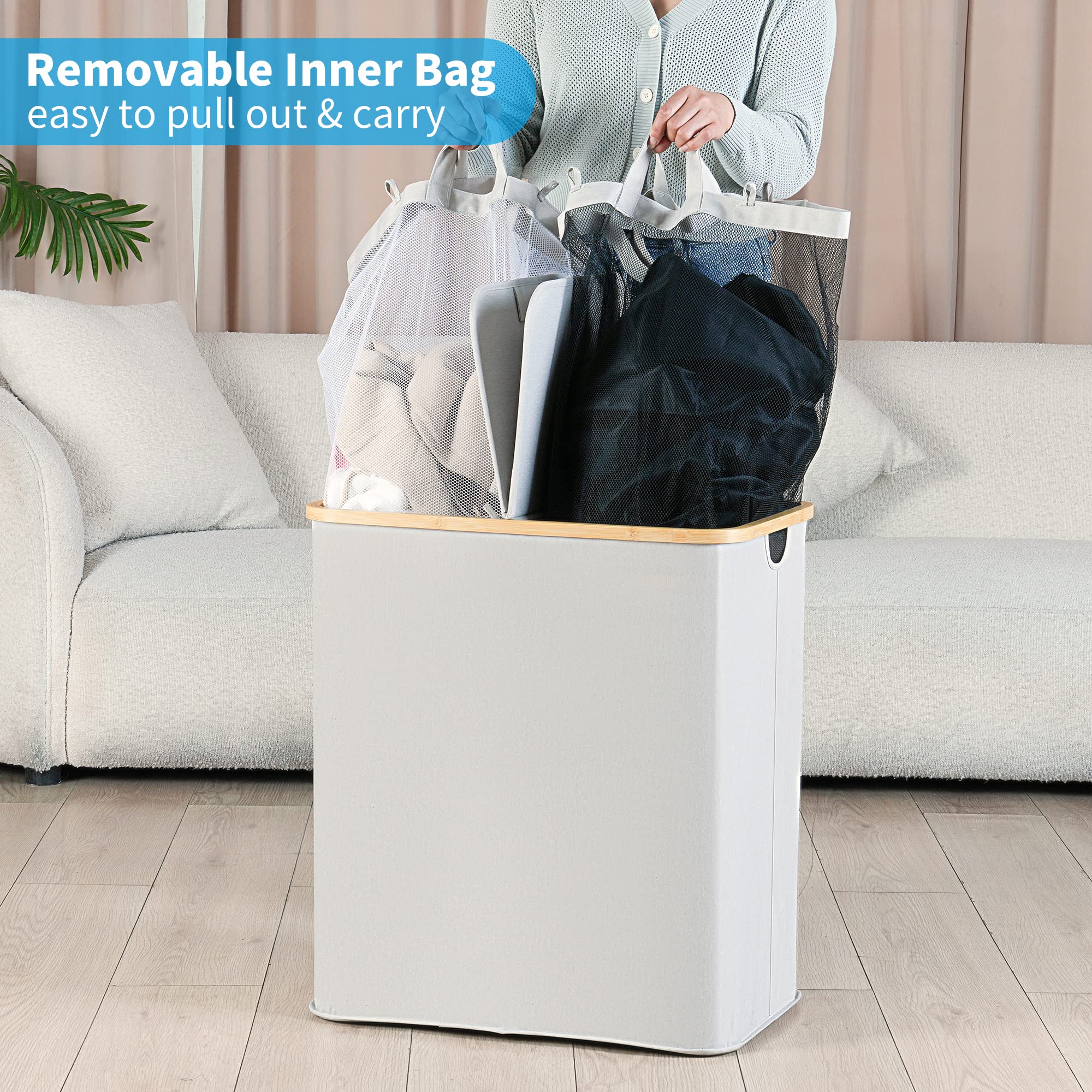 efluky Double Laundry Hamper with Lid, Divided Laundry Hamper with Removable Bags, 2 Section Dirty Clothes Basket with Handles for Bathroom, Bedroom & Laundry Room, 140L Light Grey