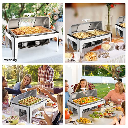 ROVSUN 9 QT Stainless Steel Chafing Dish Buffet Set with Electric & Fuel Heating,Roll Top Catering Chafer Server with Full Size & 2 Detachable Food Pans, Glass Lid for Party Wedding Banquet