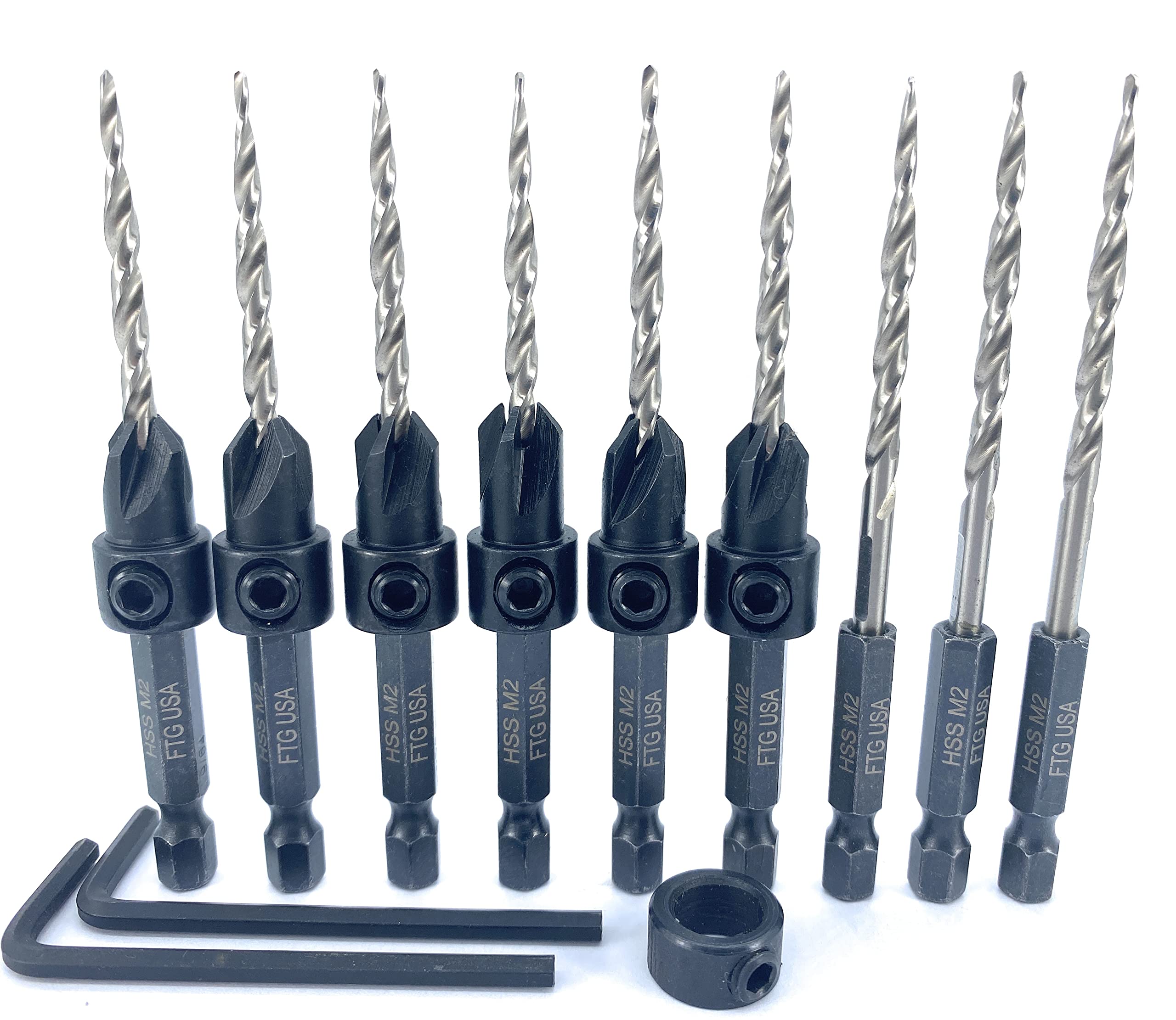 FTG USA Countersink Drill Bit Set 6 Pc #6 (9/64") Wood Countersink Drill Bit Pro Pack Countersink Set, with 3 Replacement Tapered Countersink Bit #6(9/64"), 1 Stop Collar, Hex Wrench