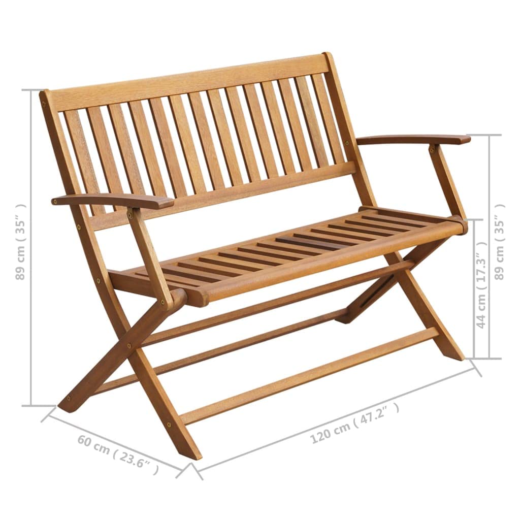 vidaXL Folding Garden Bench, Outdoor Foldable Acacia Wood Patio Bench with Cushion, Wooden Bench for Porch Balcony, Retro Style, Solid Wood Acacia
