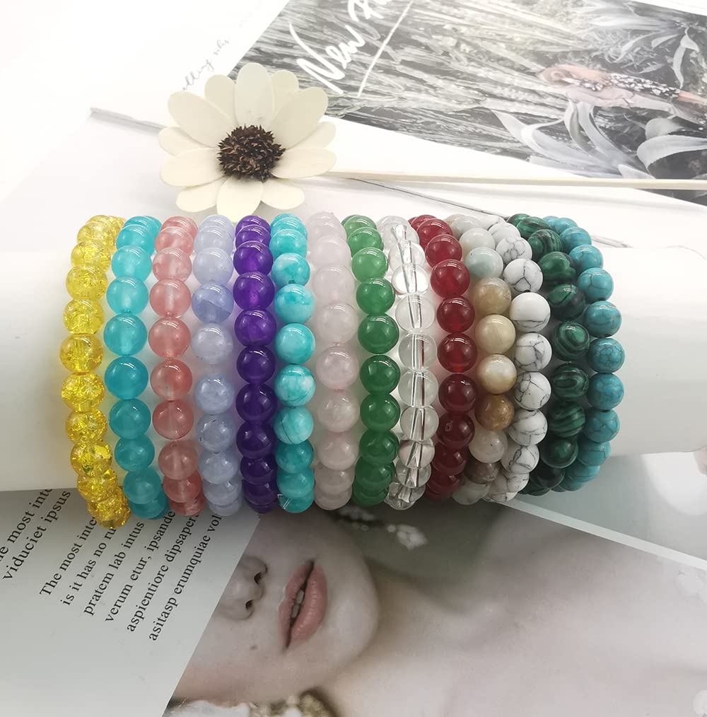FINZOR 14Pcs 8MM Stone Beaded Bracelets for Women Men Semi-Precious Gemstones Bracelets Crystal Beaded Bracelet Unisex Adjustable Stretch Bracelets