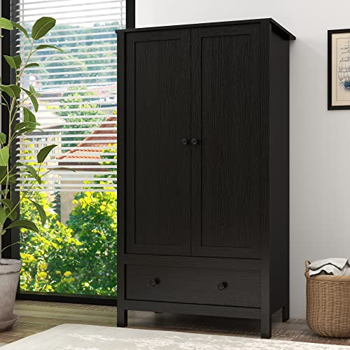 Panana 2 Door Wardrobe, Armoire with Drawer for Bedroom (Black)