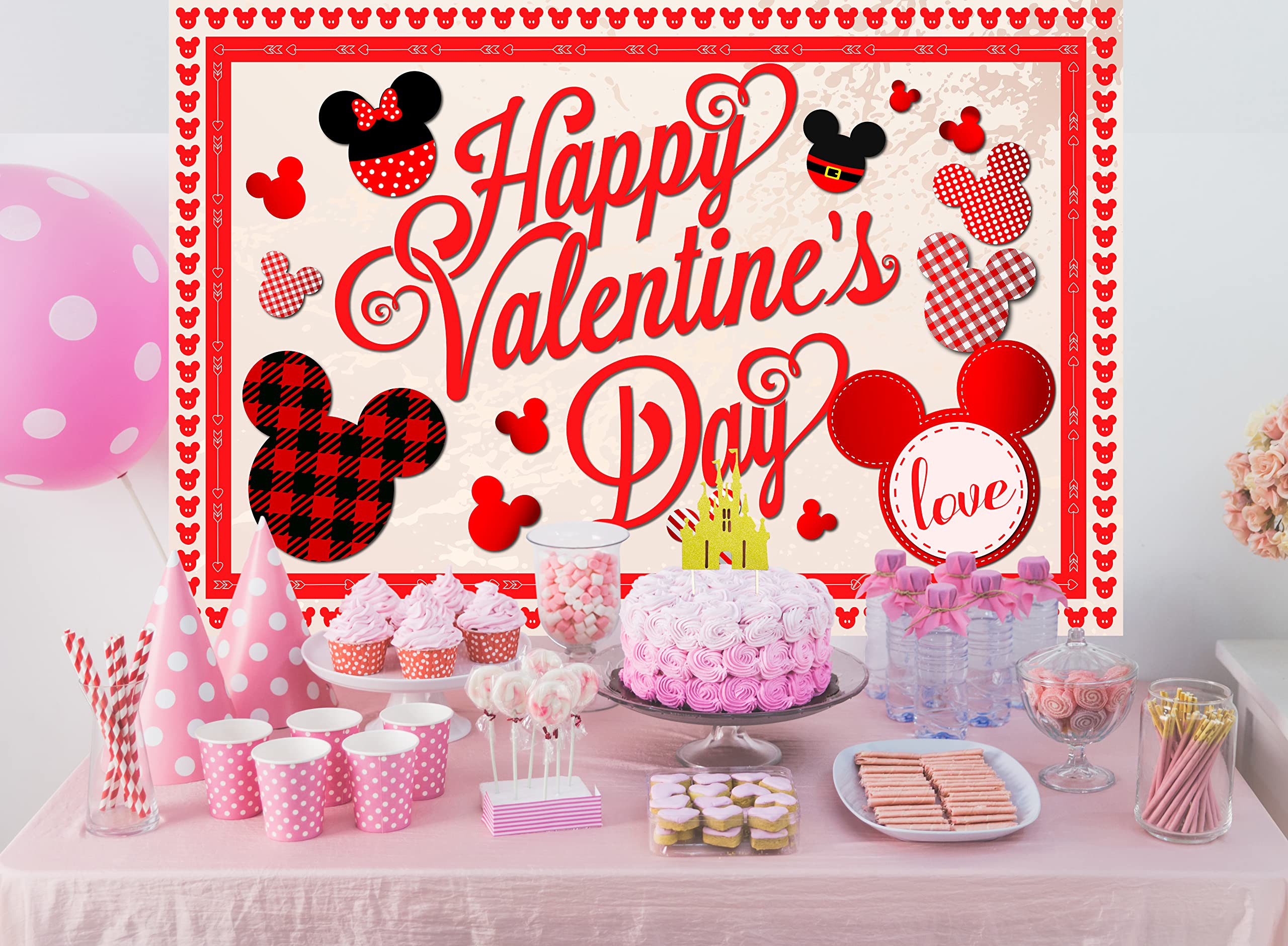 Happy Valentine's Day Backdrop, Cartoon Mouse Theme Valentines Backdrops for Photography Red Mouse Pattern Romantic Love Banner Background for Valentines Wedding Propose Marriage Decor