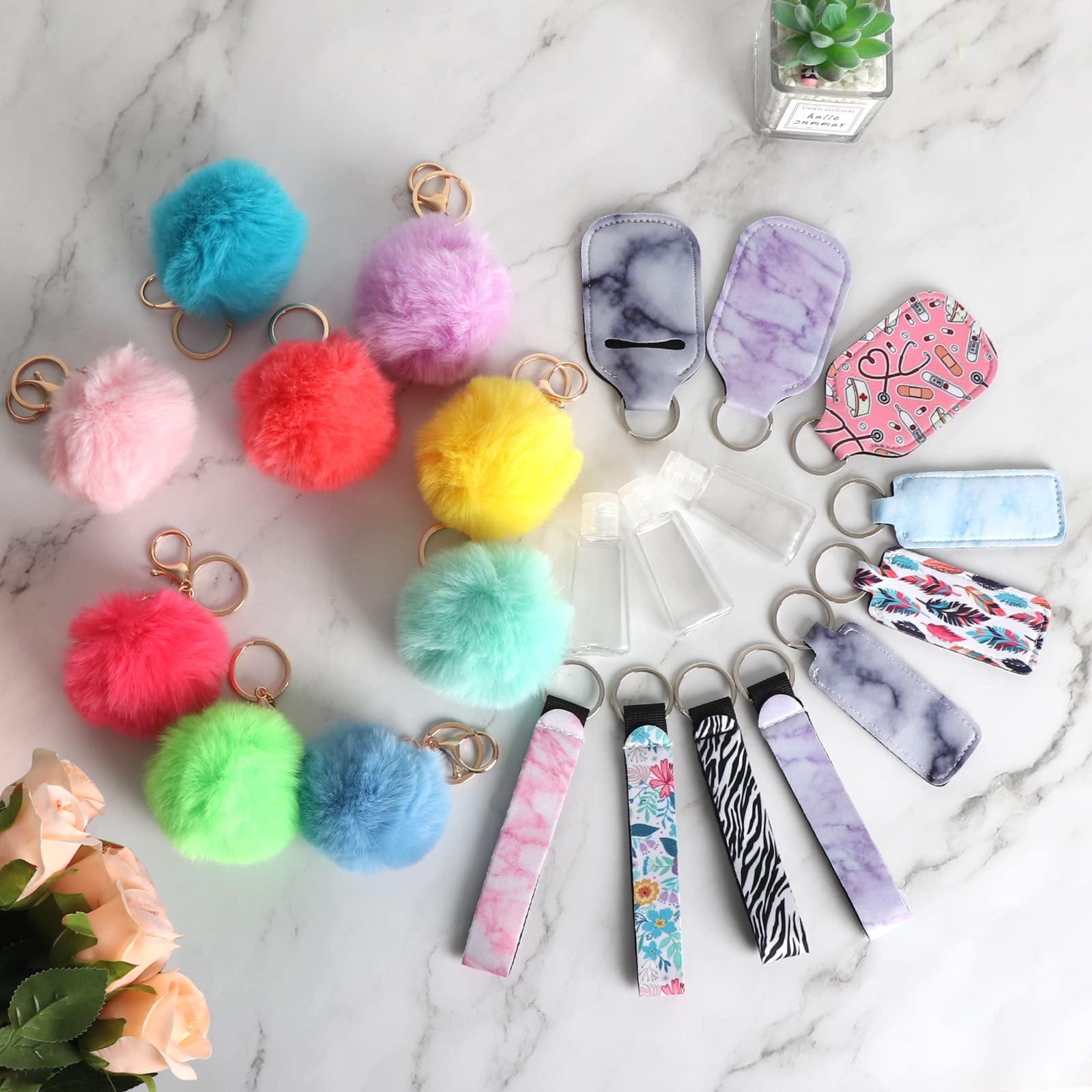 Manste 60Pcs Chapstick Holder Keychain Bulk,Travel Bottles with Keychain、Lipstick Holder Keychain、Fluffy Ball Keychain、Keychain Wristlet Lanyards、Colorful Pom Poms Keychains、Pompoms Keyring