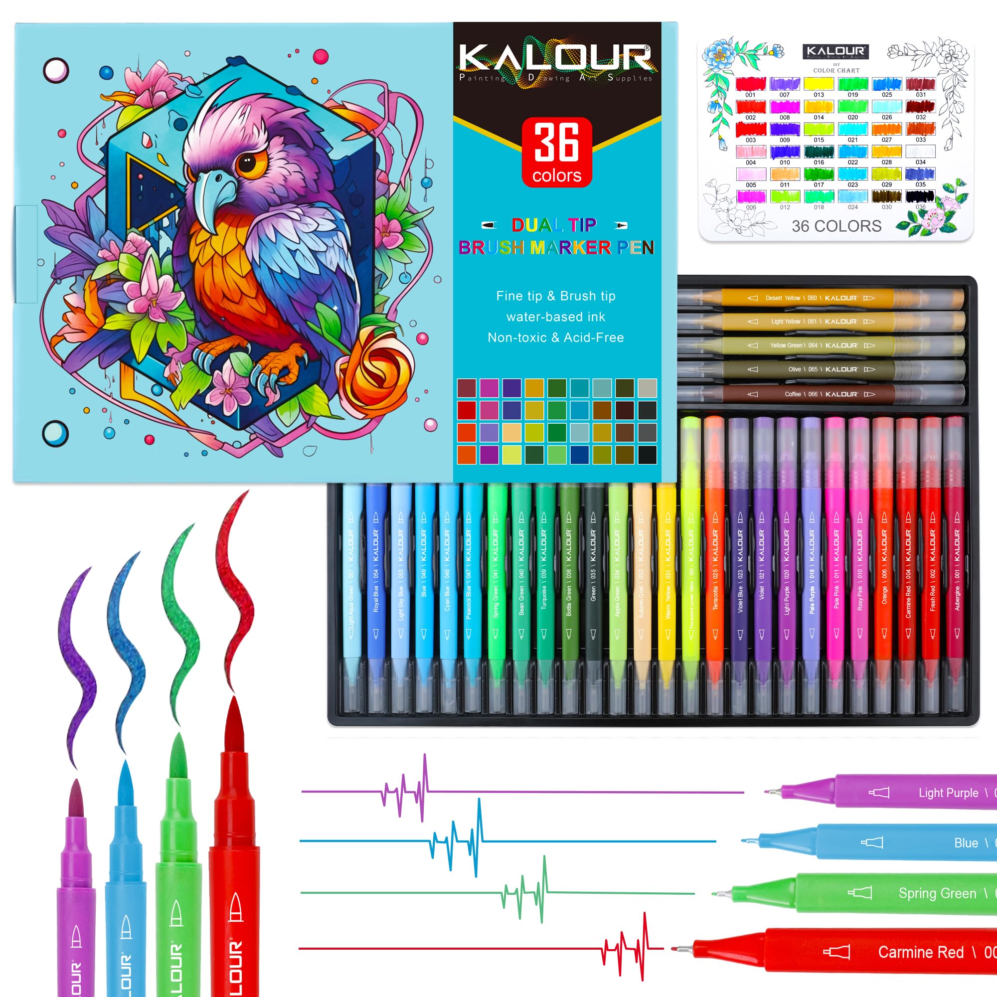 Kalour 36 Colors Art Markers Pens,Dual Tip (Brush and Fine Point),Color Number and Color Name,Art Marker for Coloring Lettering Calligraphy Drawing Journaling,Coloring Art Gift for Adult Beginner Kids
