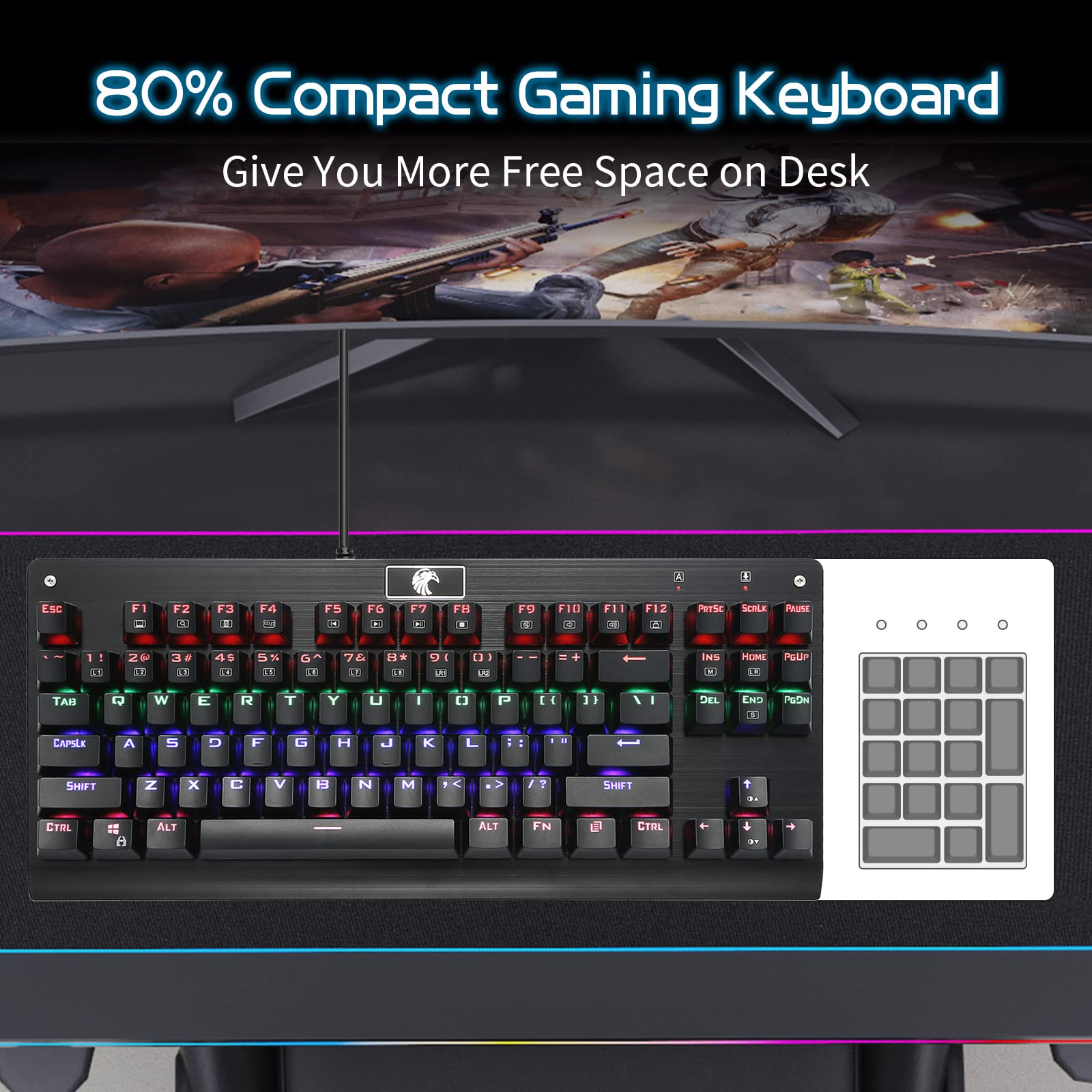 E-YOOSO Mechanical Keyboard, 87 Keys Compact USB Wired Keyboard with Rainbow Backlit (Red Switch Black)