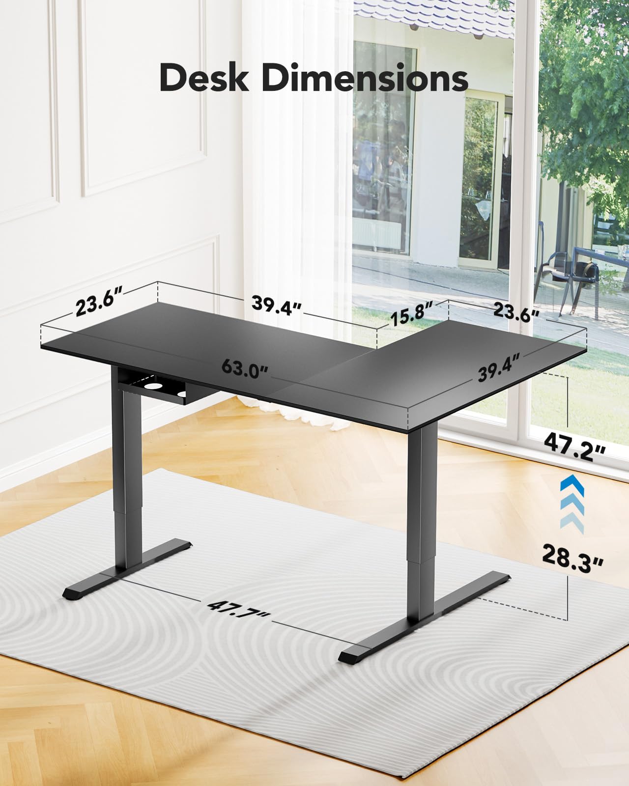 HUANUO L-Shaped Standing Desk, 63 x 40 inch Dual Motor Corner Standing Desk, Electric Height Adjustable Computer Desk with Cable Tray & 3 Preset Heights, Raising Desk for Home Office, Black, HNESD109