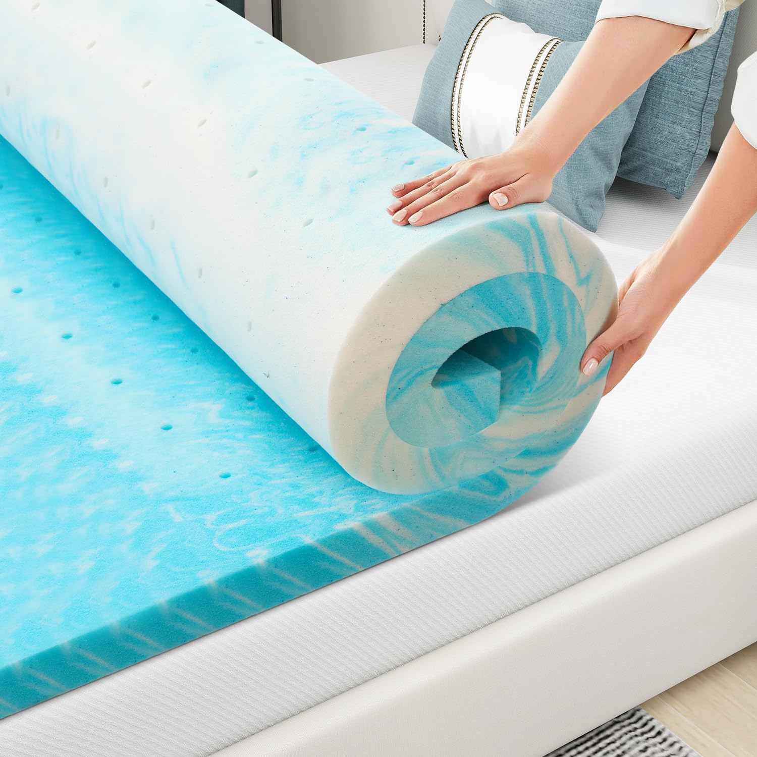 MUUEGM 4 Inches Memory Foam Mattress Topper Full Size,Gel Infused Memory Foam Cooling Ventilated Breathable Blue Mattress Pad Back Pain Relief