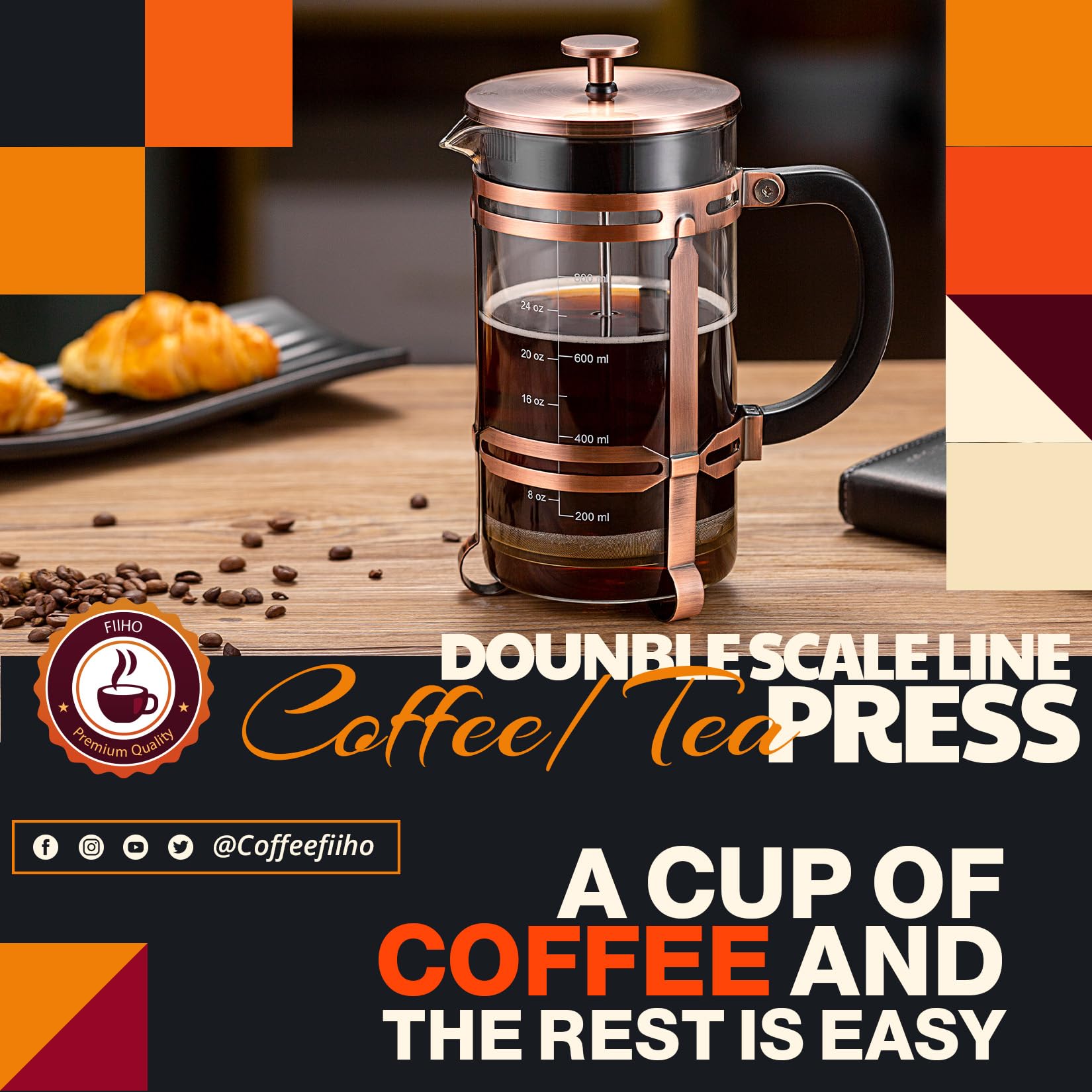 French Press Coffee Tea Maker（34oz）,304 Stainless Steel Coffee Press with 4 Filters Screen-100% No Residue -German Heat-Resistant Borosilicate Glass- BPA FREE -Dishwasherable，Copper