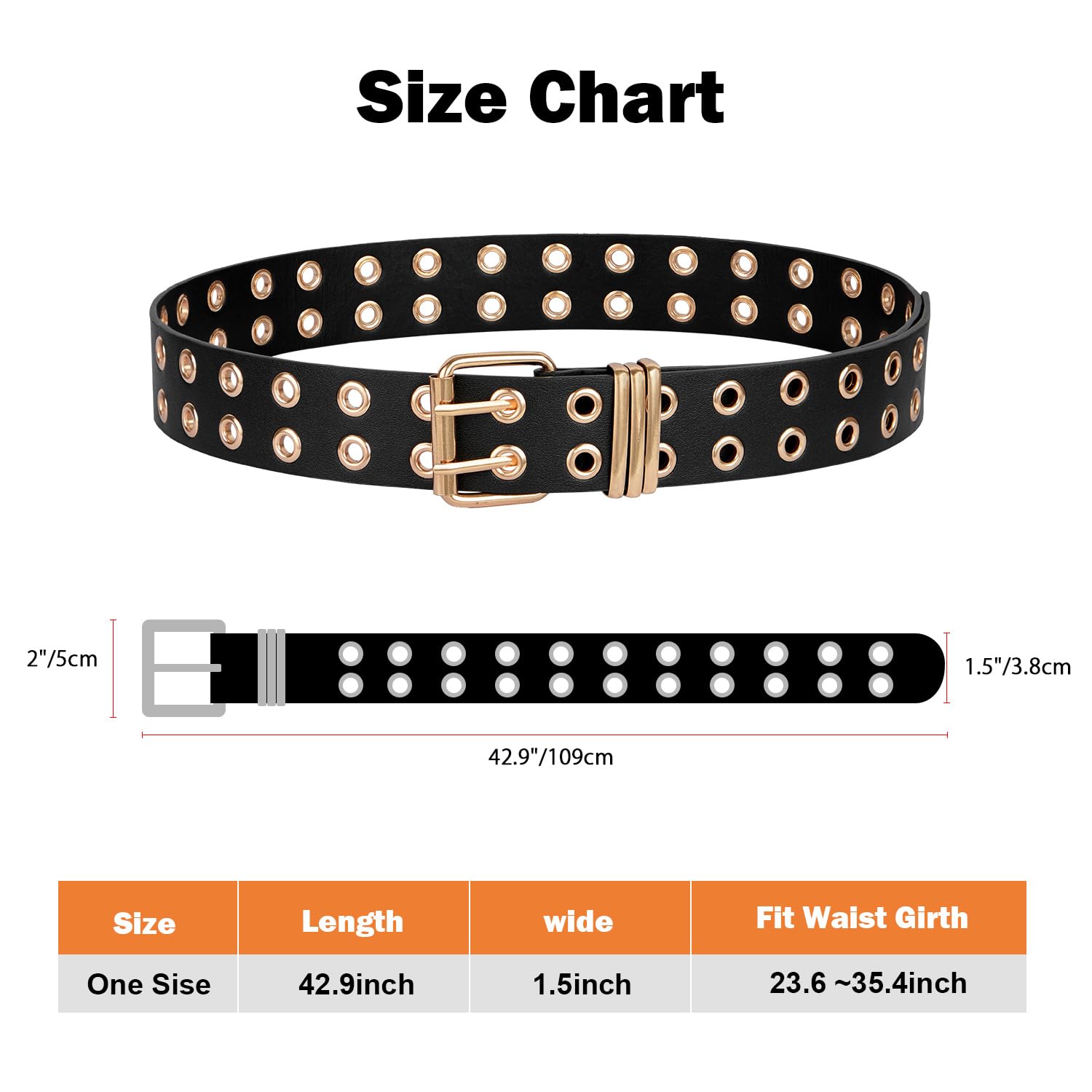 FIORETTO Double Grommet Leather Belt Women Men Punk Rock Waist Belts for Jeans Pants (One Size, Double Grommet(Black-Gold))