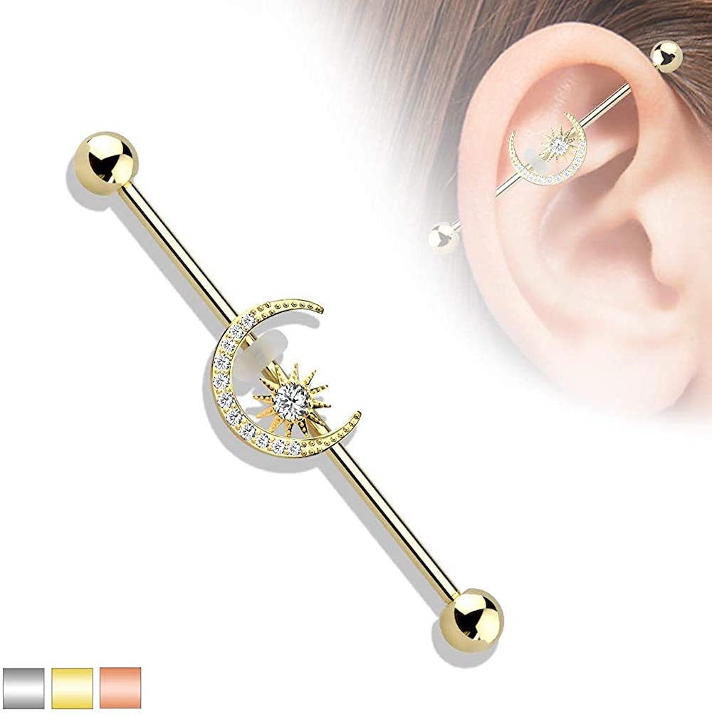 CZ Paved Moon with CZ Center Star 316L Surgical Steel Industrial Barbell (Clear)
