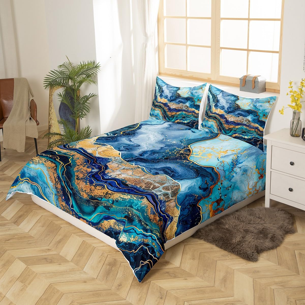 Marble Duvet Cover, 3D Print Grunge Fluid Golden Little Bit Stone Crack Gothic Impressionist Abstract Art Bedding Set, Decorative 3 Piece Comforter Cover With 2 Pillow Shams, Full Size,Teal Blue