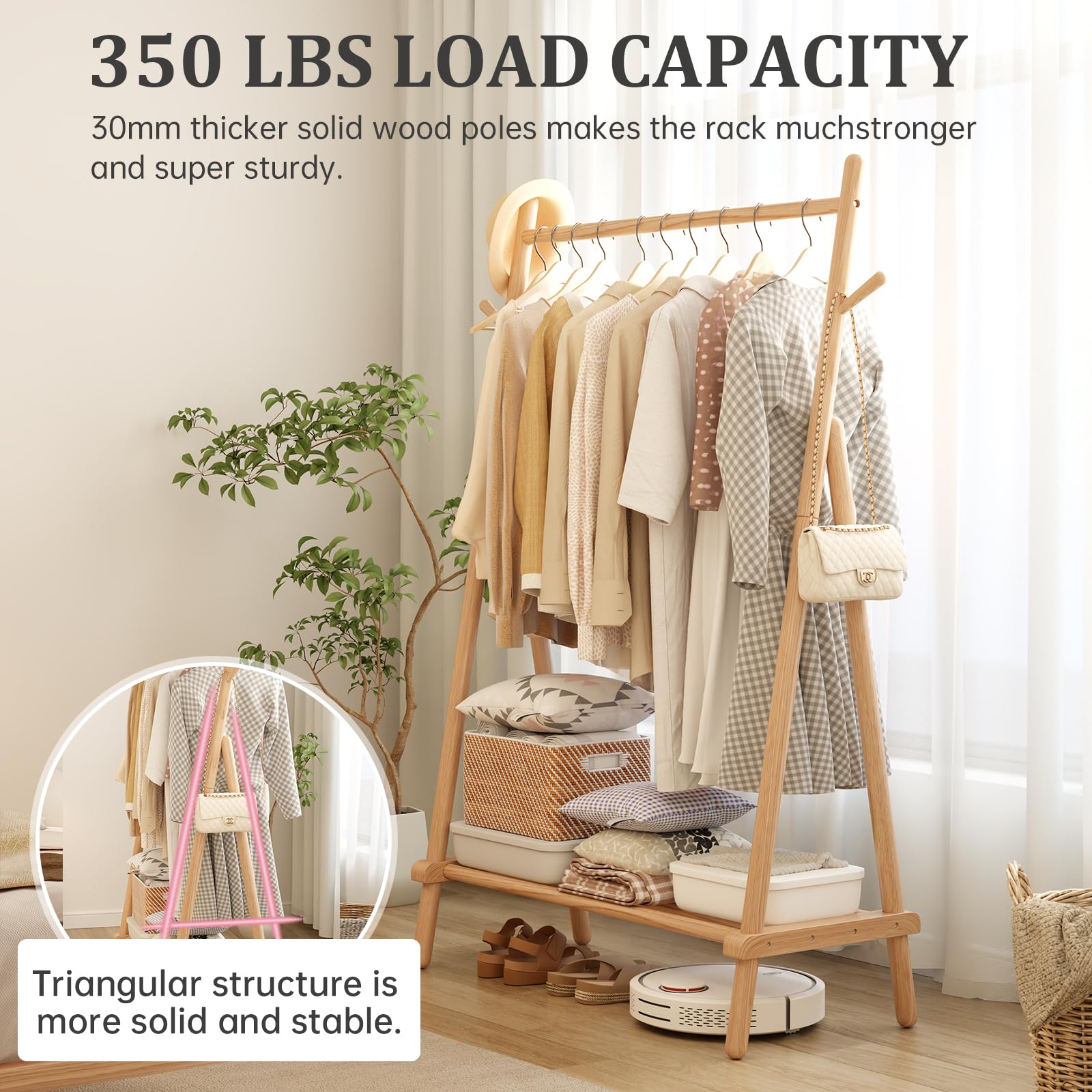 KASLANDI Solid Wood Clothes Rack, Clothing Rack with Shelf and Hook, Sturdy and Portable, Garment Rack for Hanging Clothes,Coats,Skirts,Shoes,Bags,Easy to Assemble (Natural)