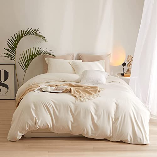 LifeTB Cream White Microfiber Duvet Cover Set Full Queen / 4 Piece Cream White Cooling Sheets Set Queen (1 Duvet Cover, 2 Pillowcases / 1 Flat Sheet, 1 Fitted Sheet, 2 Pillowcases)