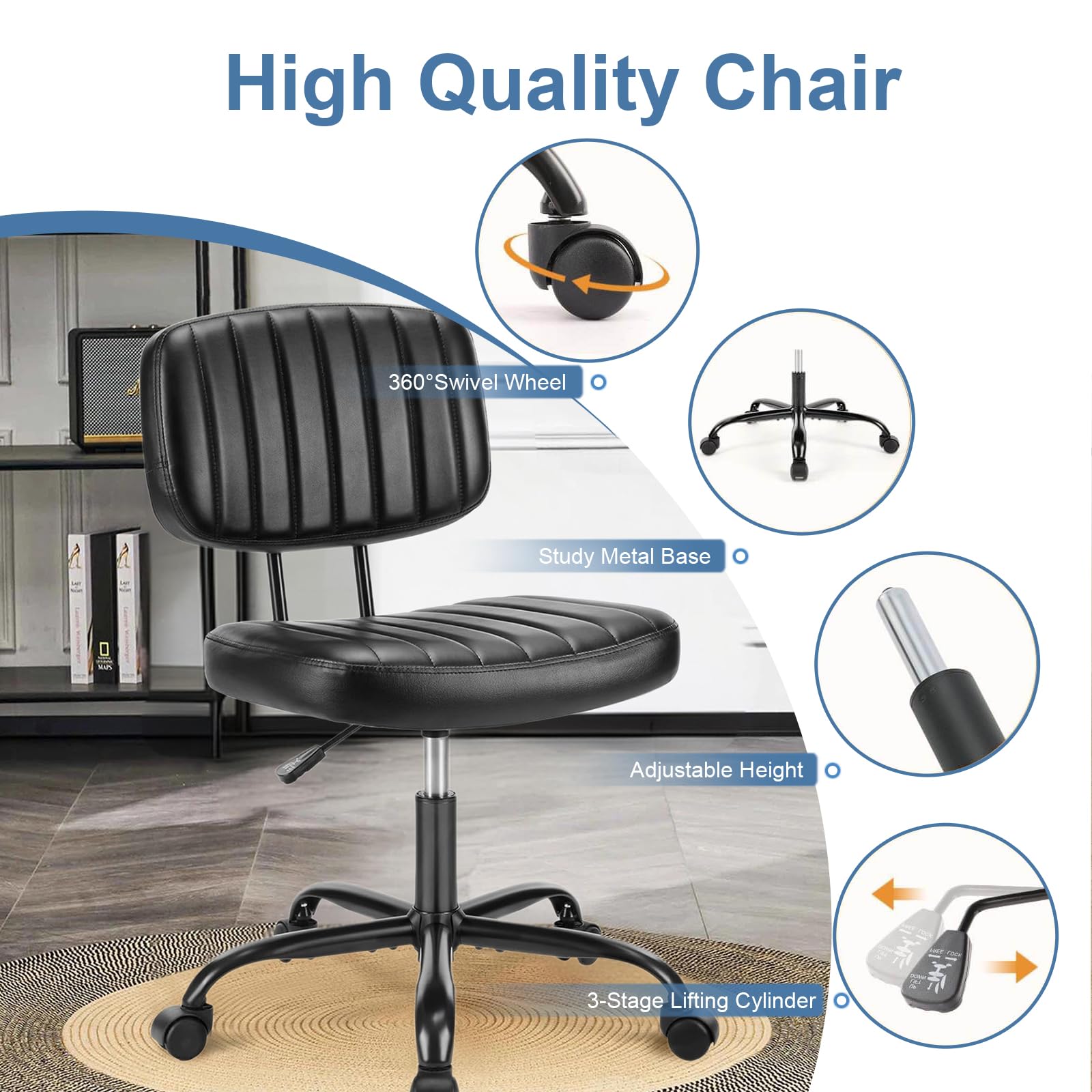 Joyfinity Office Computer Chair with Wheels Armless Comfy Ergonomic Chair with Back Support, 360°Rolling Swivel Chair with Height Adjustable PU Leather Low Back for Home, Bedroom, Study, White