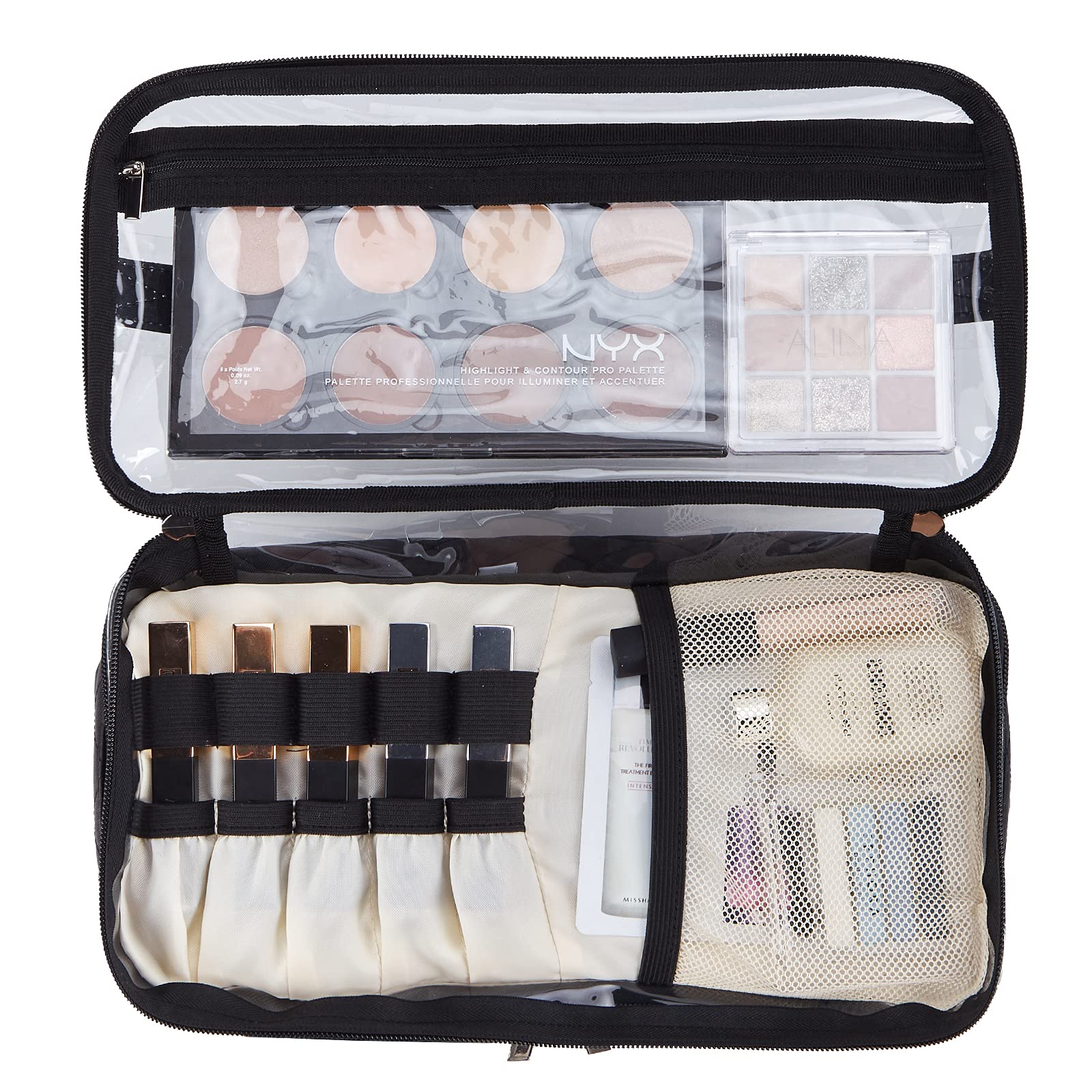 FINDCOZY Double Layer Makeup Bag, Large Cosmetic Case for Women, Make Up Organizer for Brushes, Beauty, Eyeshadow Palette, Lipstick (Black, Clear top)