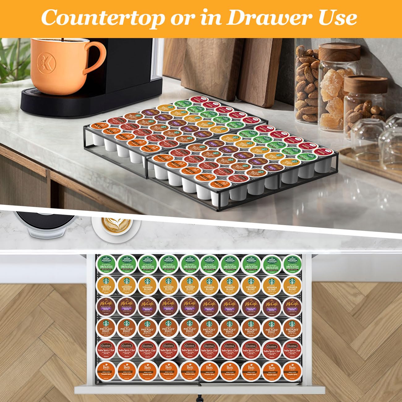 Kssiaz Coffee Pod Holder Drawer, Expandable K Cup Holder Compatible with Keurig K-Cup, K Cup Drawer Organizer Hold 35-70 Coffee Pod Storage for Coffee Station Office and Kitchen, Black