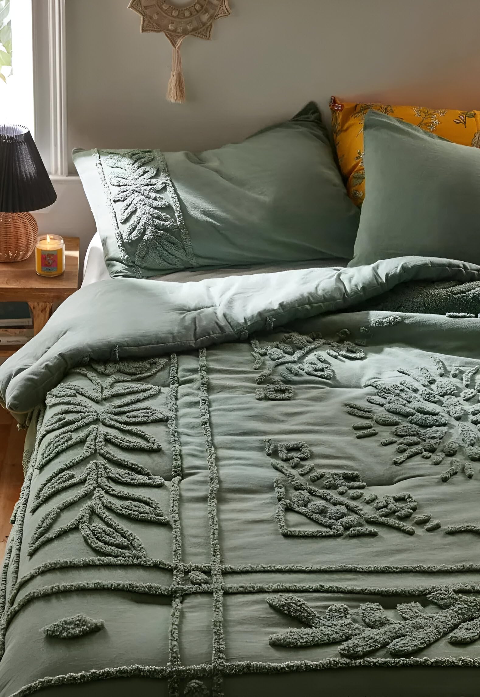 INDACORIFY 3 Piece Floral Tufted Cotton Duvet Cover Set Queen Size Duvet Cover Boho Bedding King Comforter Cover Home Decor Bedding Custom Size (Green, Full 80X90 Inches)