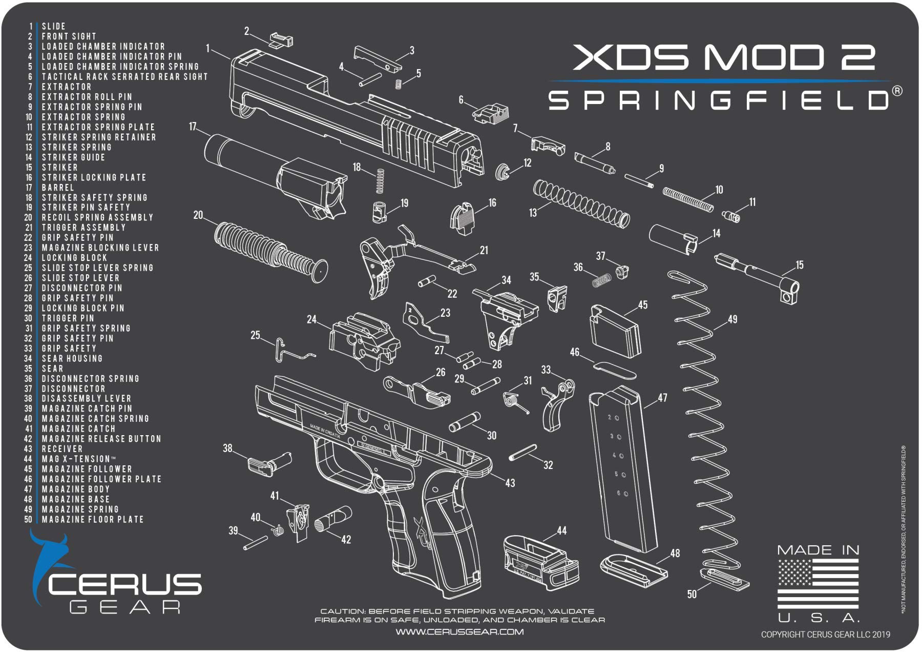EDOG XDS MOD2 MAT FOR Springfield Armory XDs MOD 2 Cerus Gear Schematic (Exploded View) Heavy Duty Pistol Cleaning 12x17 Padded Gun-Work Surface Protector Mat Solvent & Oil Resistant
