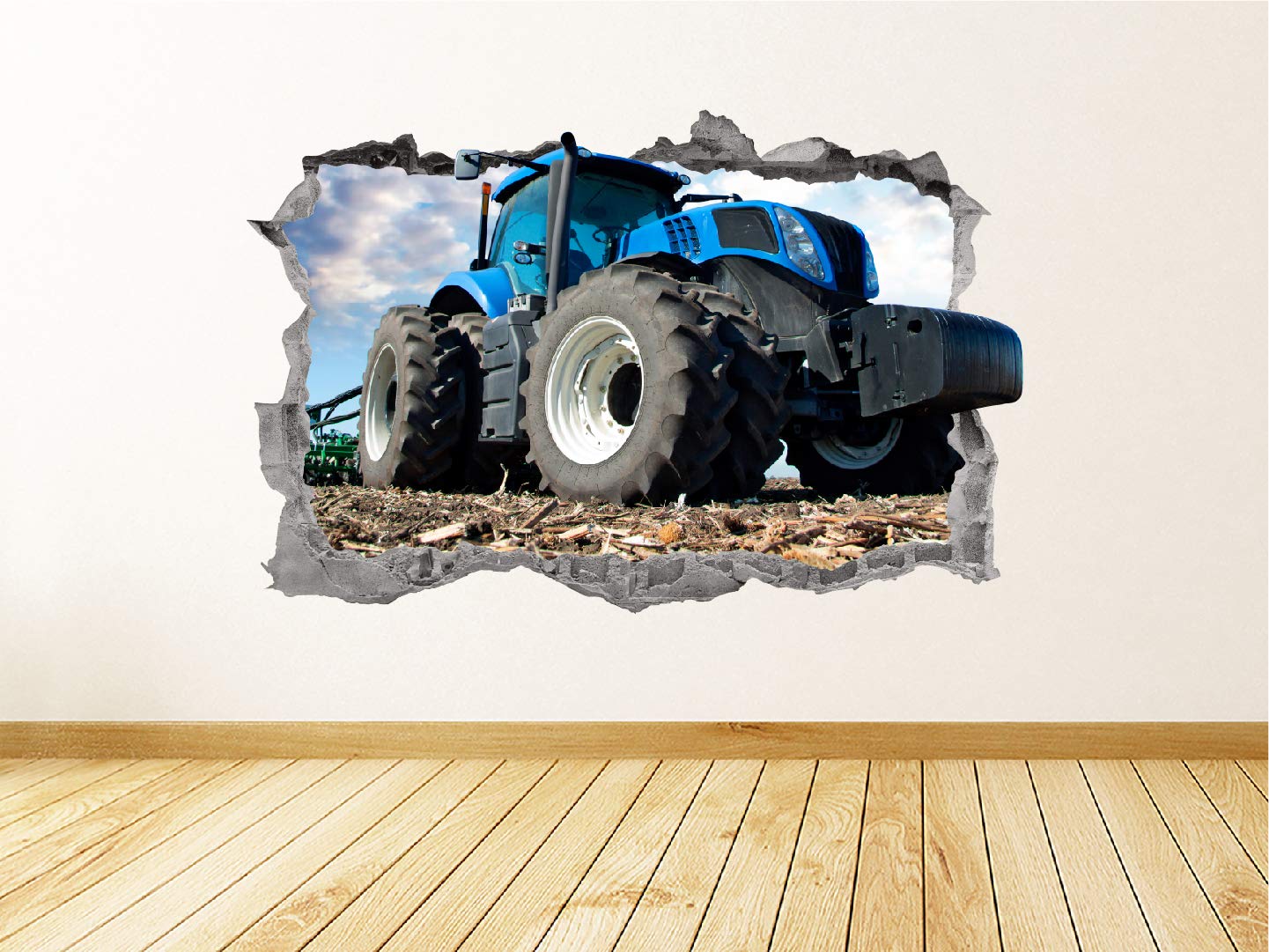 Tractor Wall Decal Art Smashed 3D Graphic Farm Blue Tractor Wall Sticker Mural Poster Kids Room Decor Gift UP359 (70"W x 46"H inches)