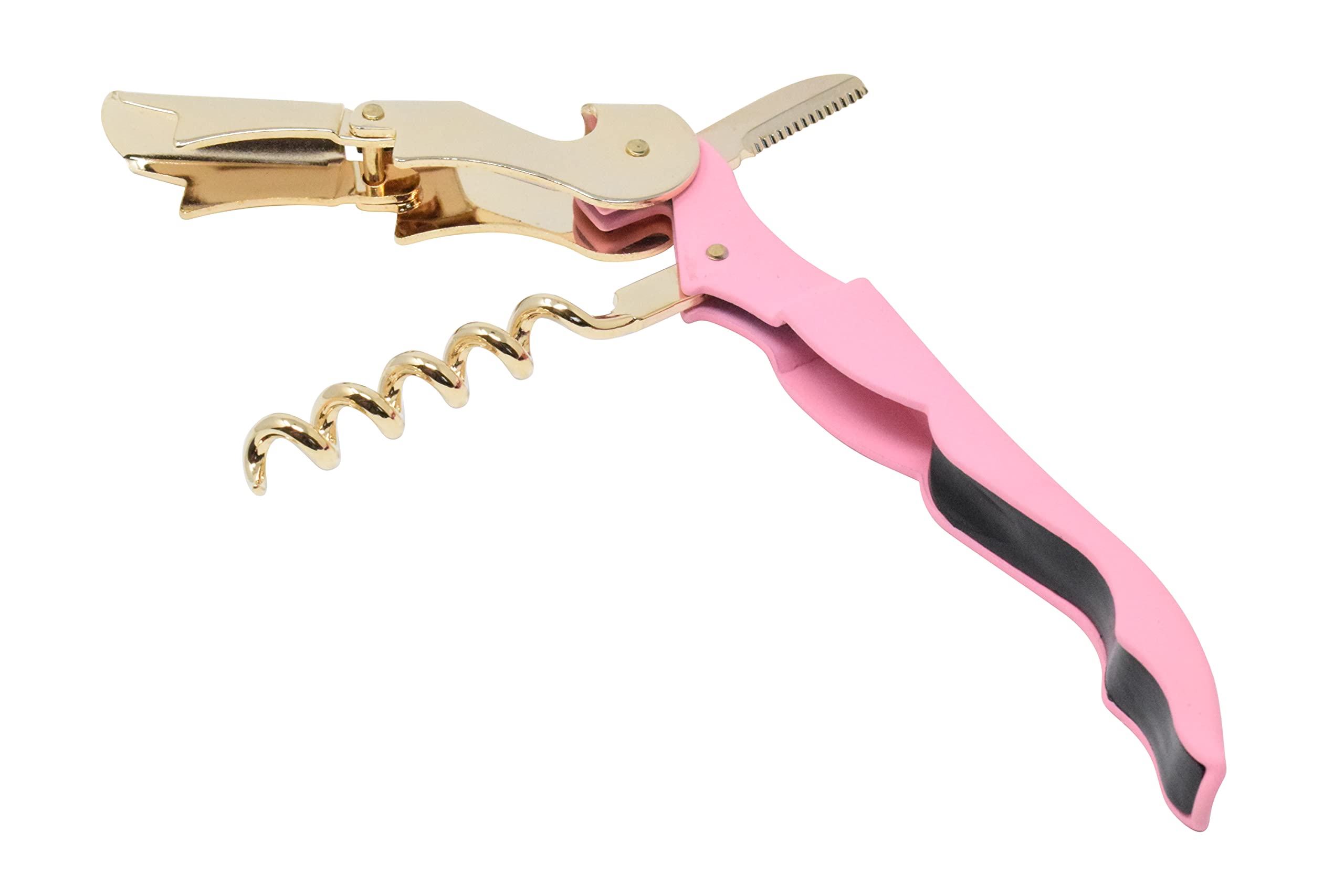 Gold and Pink Soft Velvet Touch Waiters Double Hinge Corkscrew Wine Bottle Opener