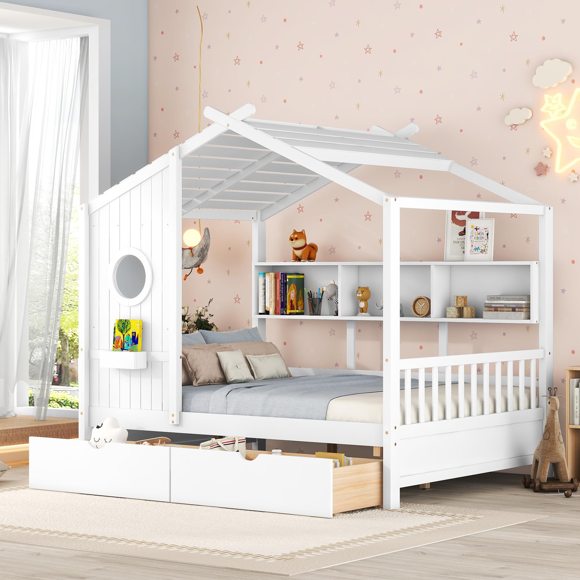 Merax Wood Full House Daybed with Drawers & Storage Shelves,Day Bed for Kids Boys Girls No Box Spring Needed White