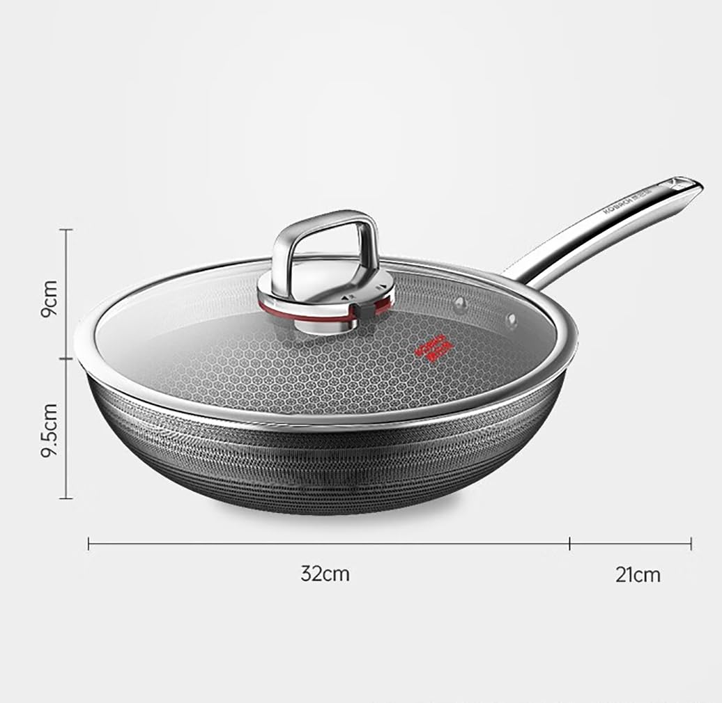KBH KGH-C32A Nonstick Frying Pan with Lid, Honeycomb Stainless Steel Wok, Suitable for All Cooktops, 32 CM(12.6 INCH)