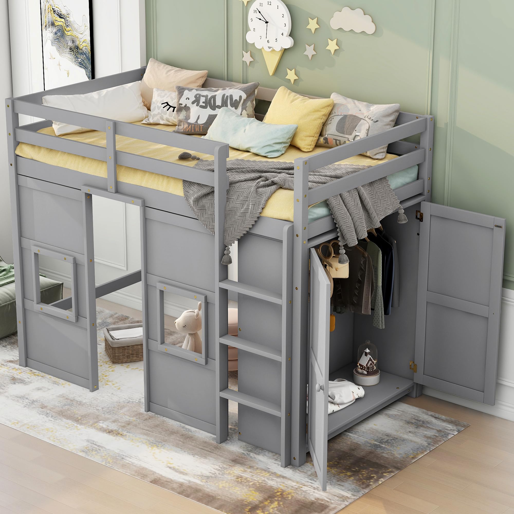 Merax Wood Loft Bed Twin Size with Storage Wardrobe, 2 Windows Design, for Teens, Boys & Girls, Grey