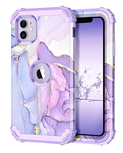 Hekodonk for iPhone 11 Case, Heavy Duty Shockproof Protection Hard Plastic+Silicone Rubber Hybrid Protective Case for Apple iPhone 11 6.1 Inch Purple Marble