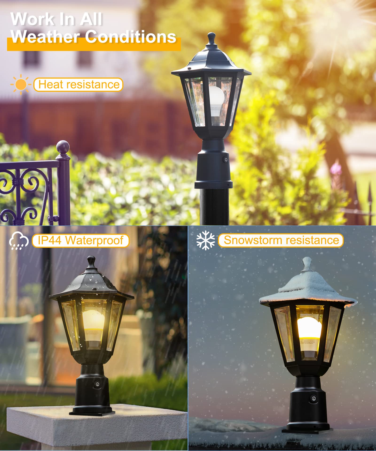 FUDESY Dusk to Dawn Sensor Outdoor Post Light, Waterproof Pole Lantern with Pier Mount Base, Exterior Plastic Lamp Light Fixture, for Garden, Patio, Pathway, FDS6163B1PS, Black, LED Bulb Included